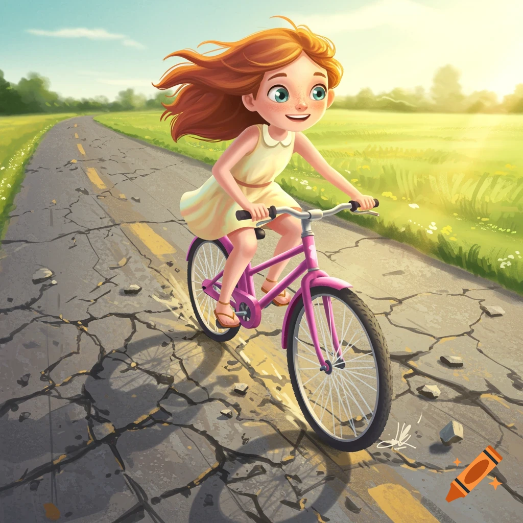 Girl biking on a bumpy, cracked road on Craiyon