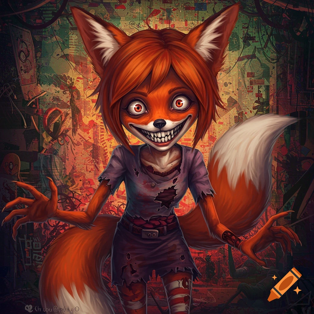Mentally unstable human fox-girl in Alfred's Playhouse style on Craiyon