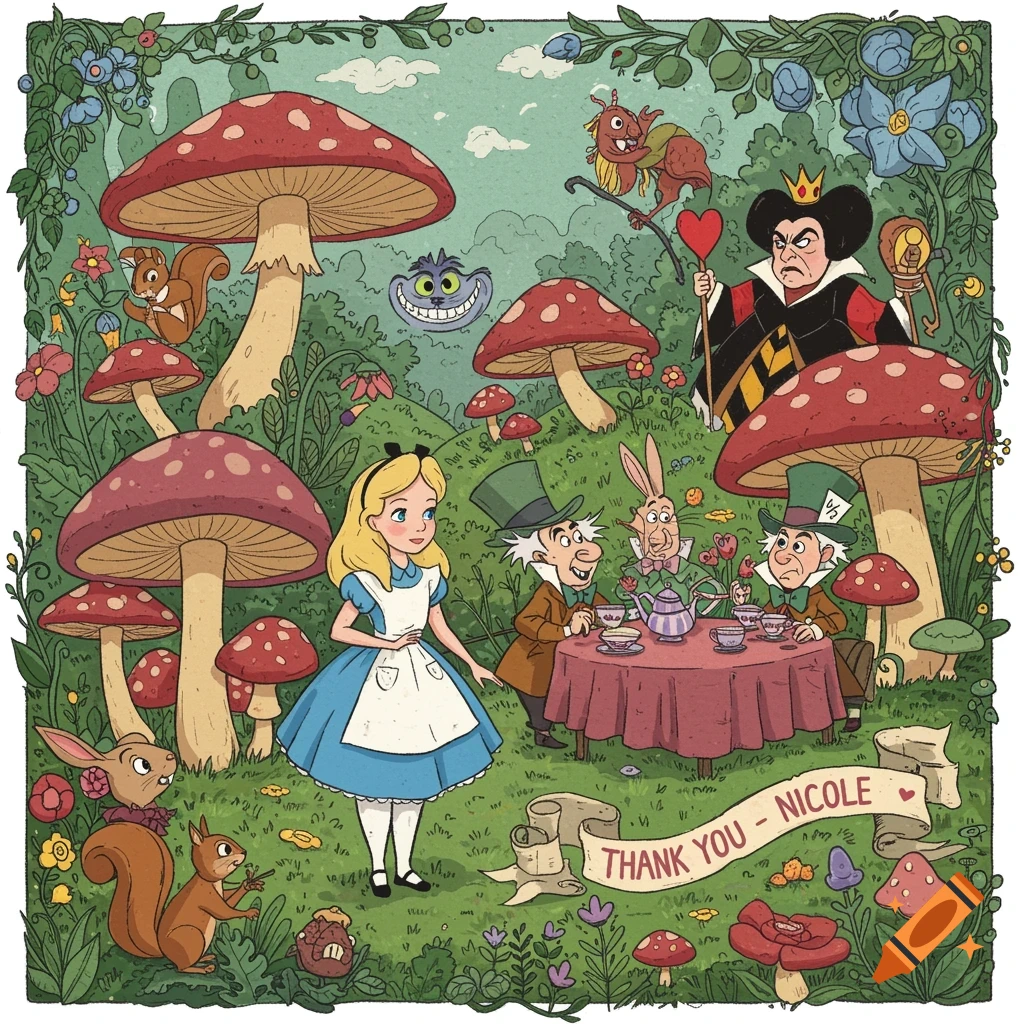 Alice in Wonderland cartoon with text 'thank you -Nicole' on Craiyon
