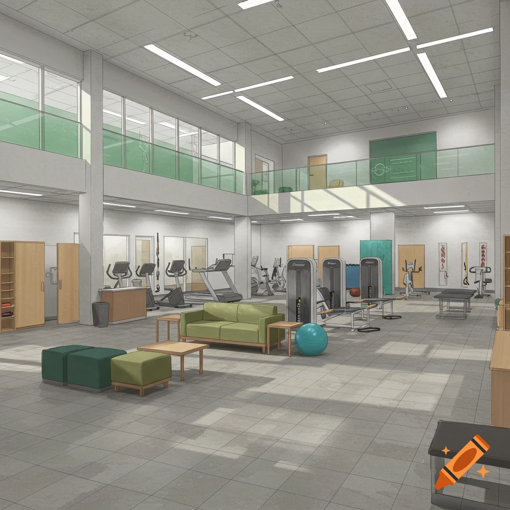 A spacious physical therapy office interior with various exercise ...