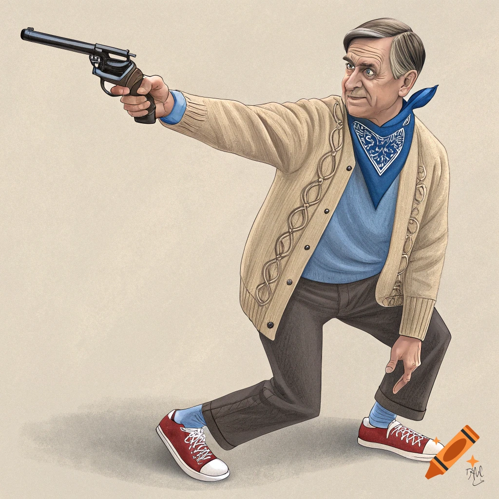 Mr. Rogers wearing a blue bandana pointing a six shooter on Craiyon