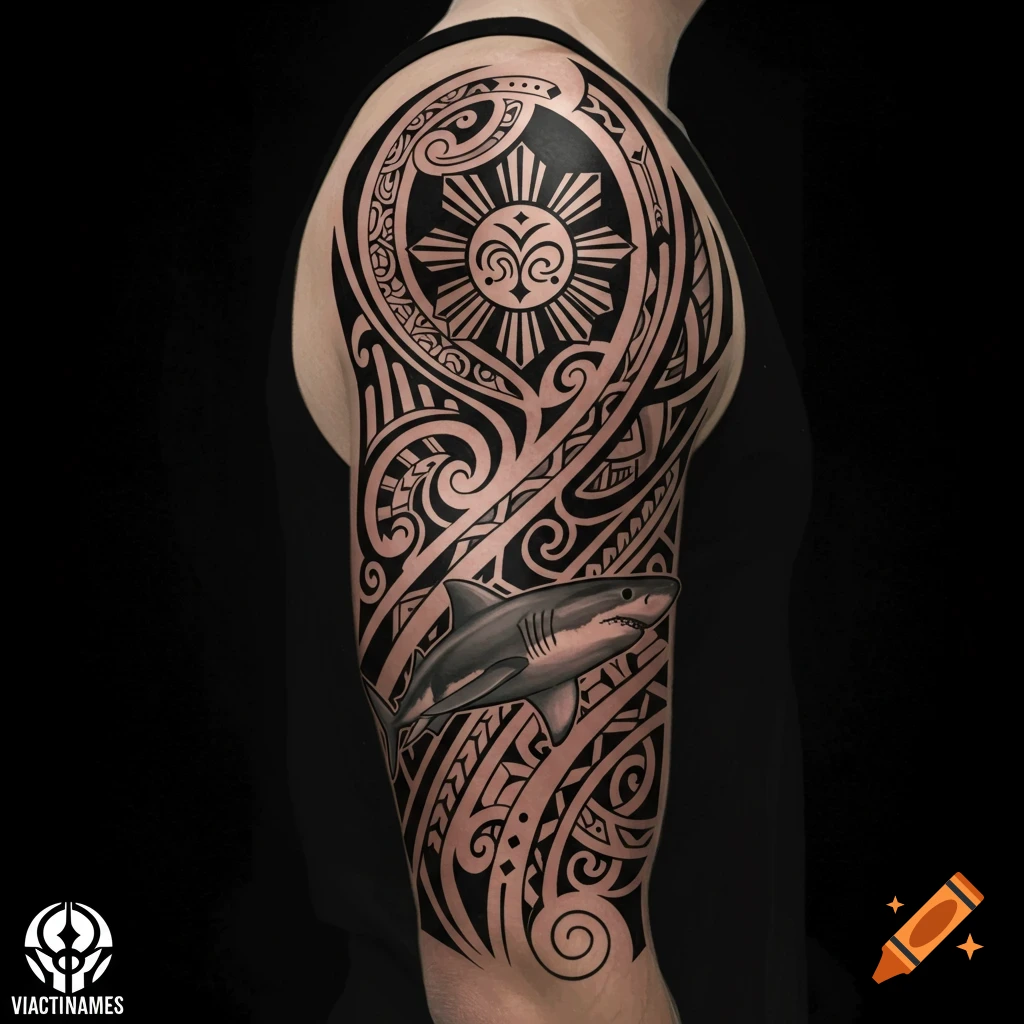 Filipino tribal tattoo sleeve with shark element on Craiyon