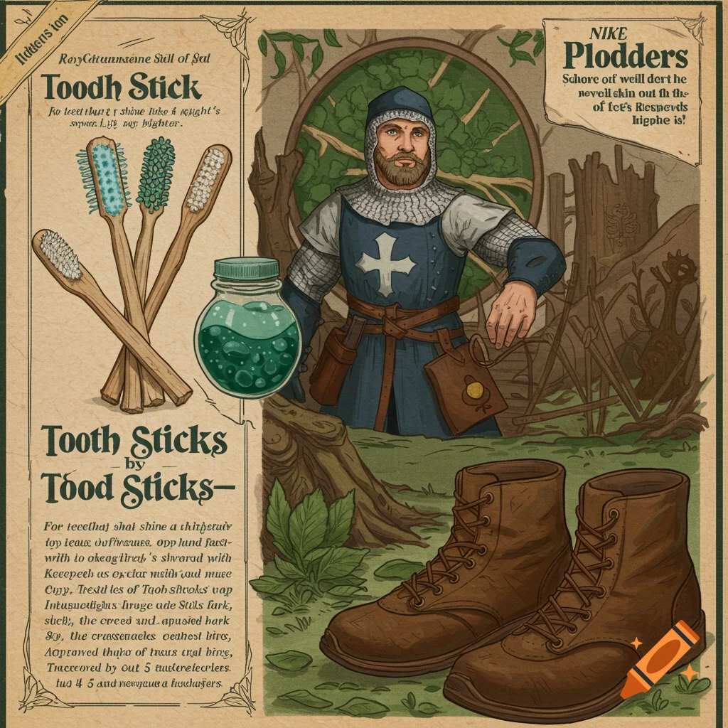 Medieval-themed ads for Crest Tooth Sticks and Nike Plodders on Craiyon