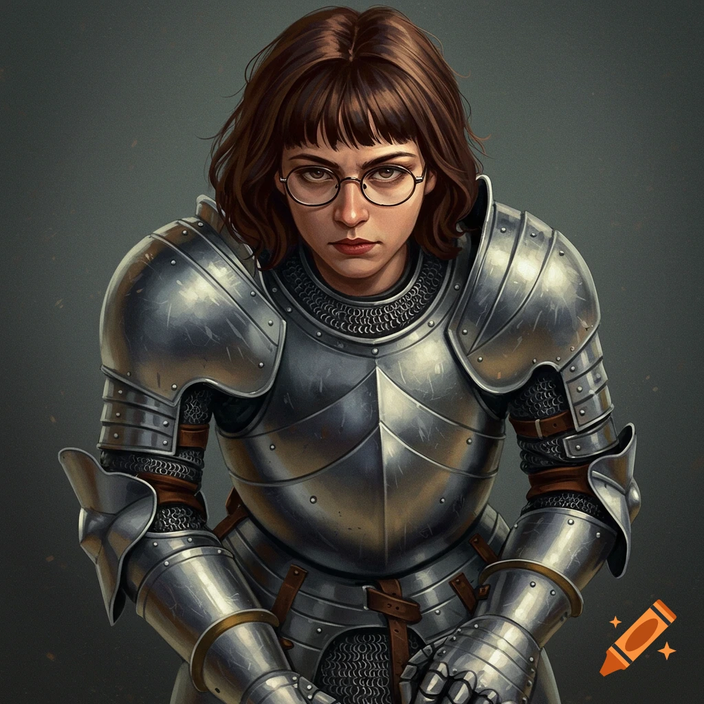 Woman with brown hair, glasses, and full knight armor on Craiyon