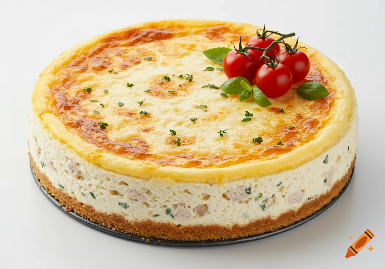 A close-up photo of a creamy chicken cheese cake topped with melted ...