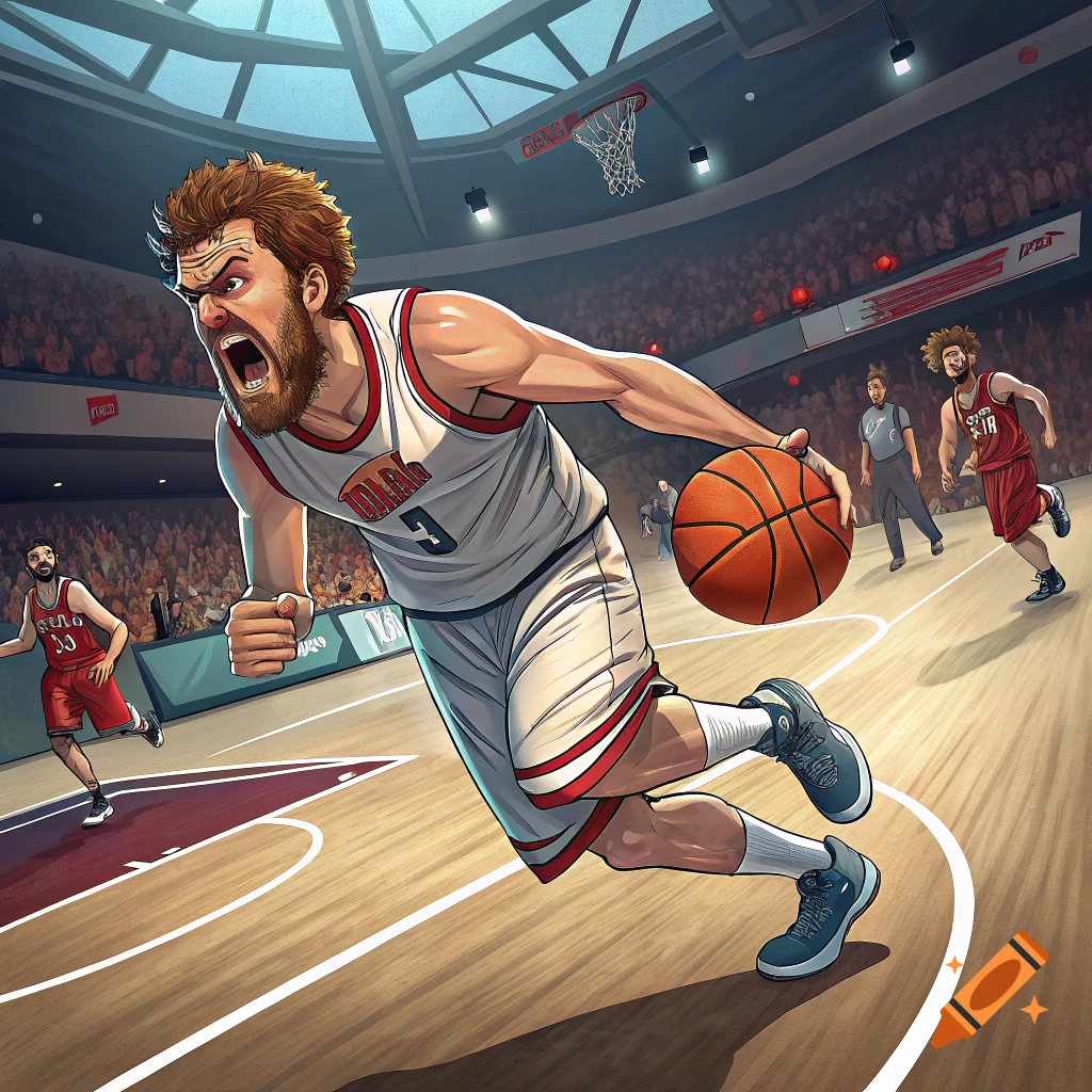 Animated style basketball player dribbling aggressively in a stadium ...