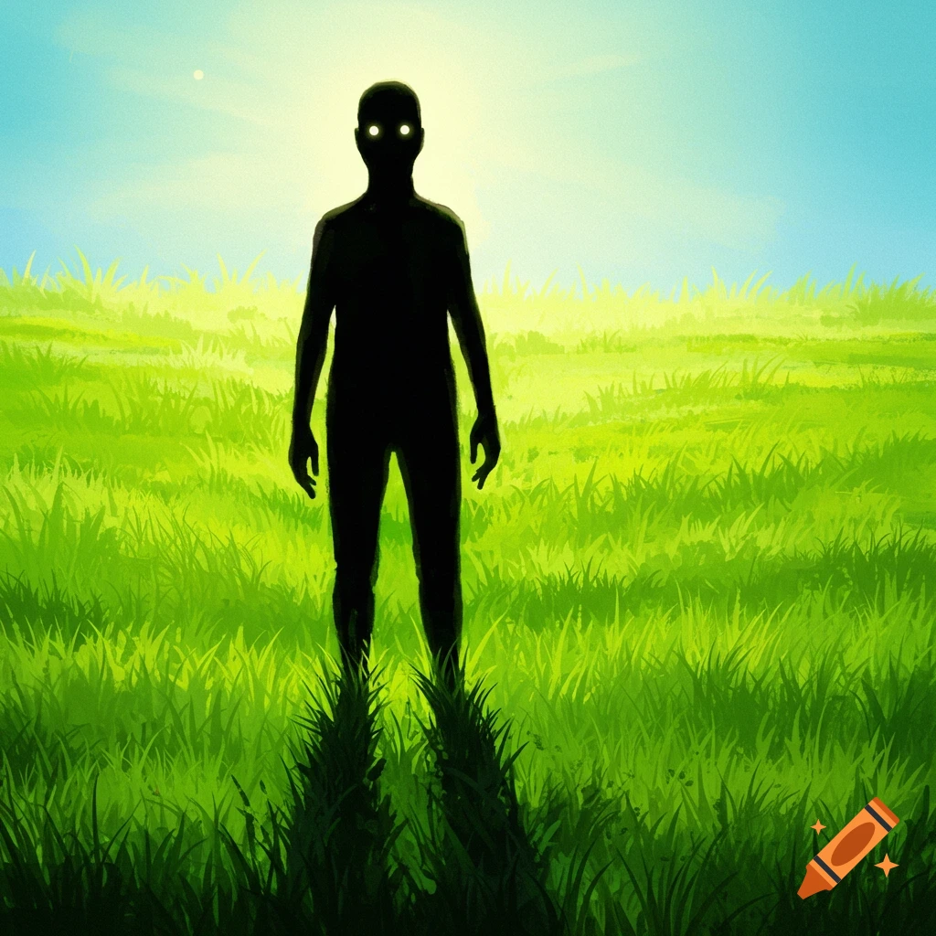 Shadow figure in sunny grassy field on Craiyon