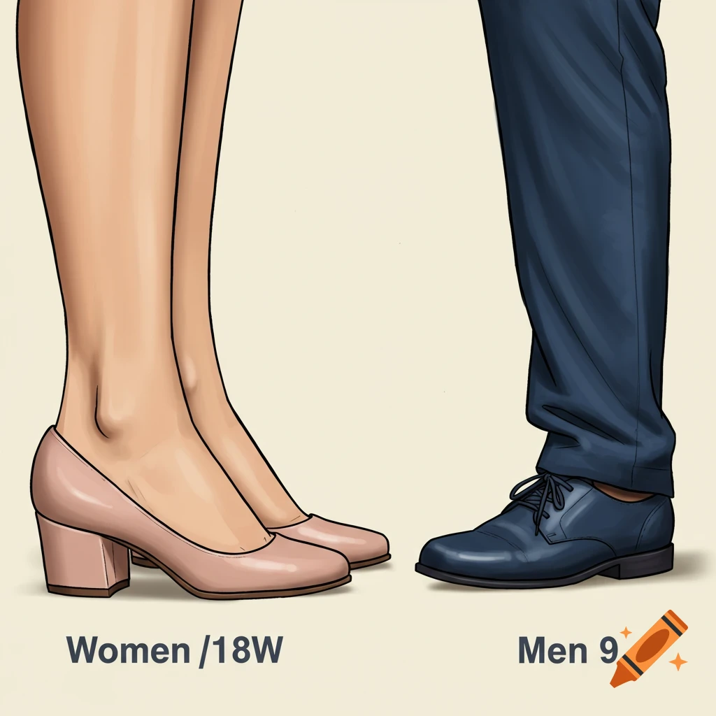 Comparison of women's size 18W and men's size 9 feet in illustration on ...