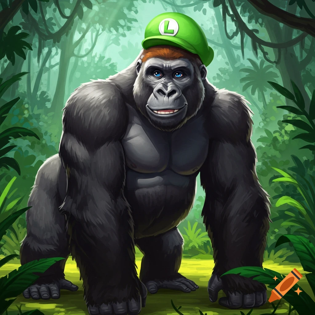 Cartoon of a gorilla wearing a green Luigi hat in a jungle. on Craiyon