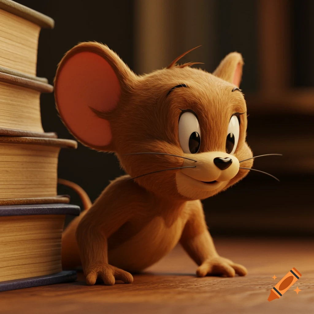 A cartoon mouse peeking from behind a stack of large books. on Craiyon