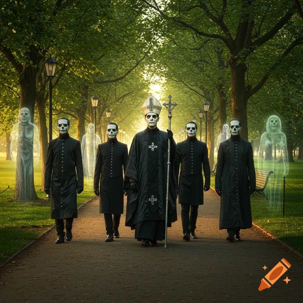 Skeletal figures in clergy robes and transparent ghosts walk through a ...
