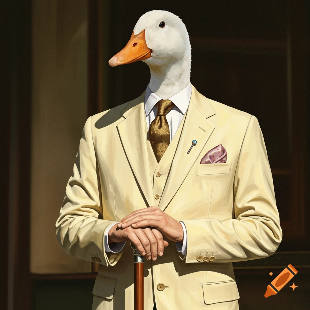 Person with a duck head in a cream suit with a cane. on Craiyon