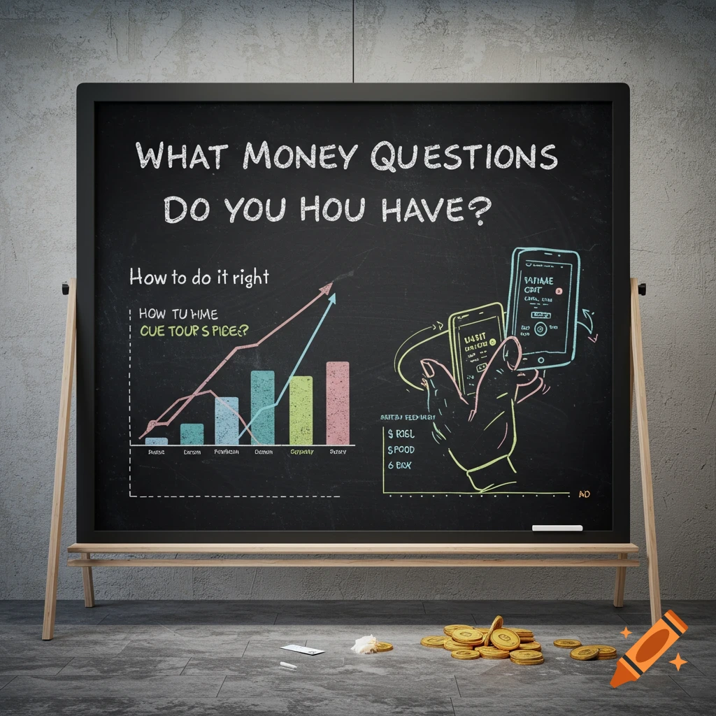 Interactive digital chalkboard with "What Money Questions Do You Have ...