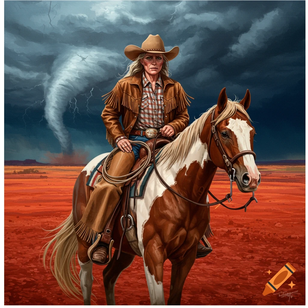A cowboy on a horse traverses a red landscape with a tornado looming ...