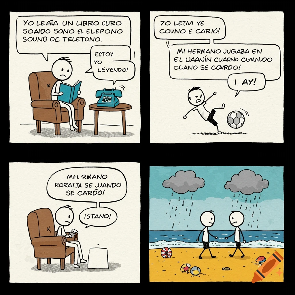 Comic strip in Spanish showing stick figures reading, playing, and ...