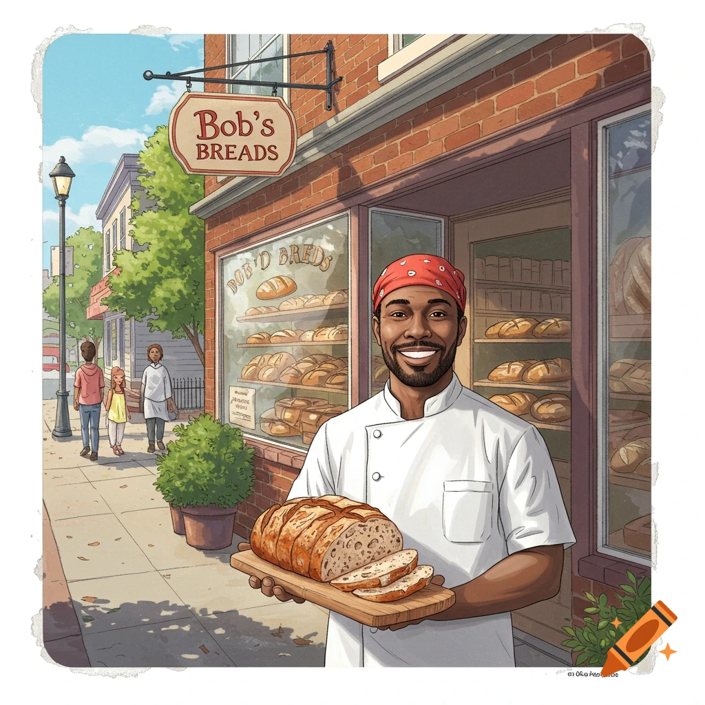 Black man named Bob outside his bakery holding sliced bread on Craiyon