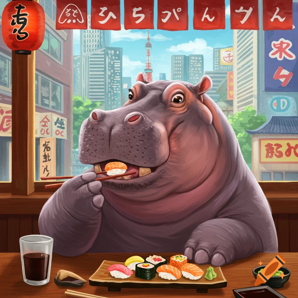 A hippo eating sushi in a restaurant with a view of the Tokyo cityscape ...
