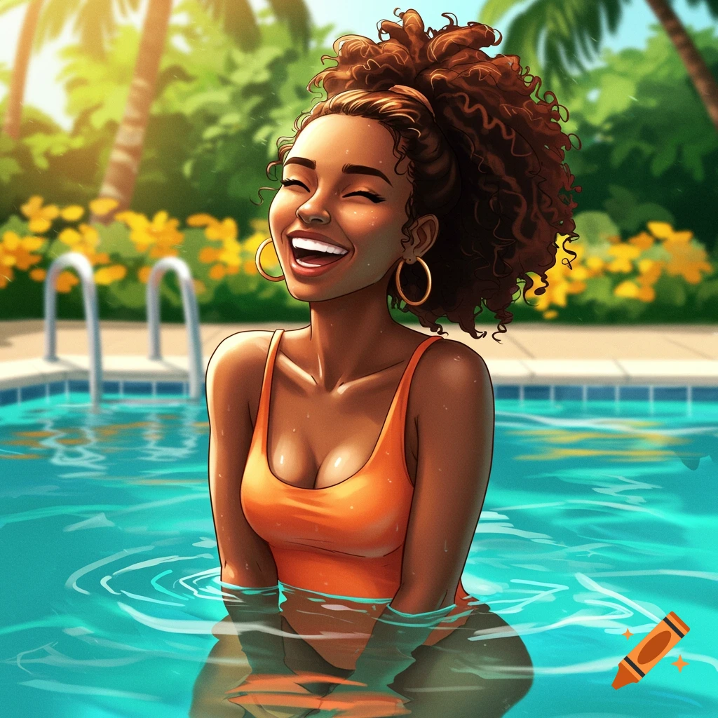 A woman in an orange swimsuit is smiling in a swimming pool. on Craiyon