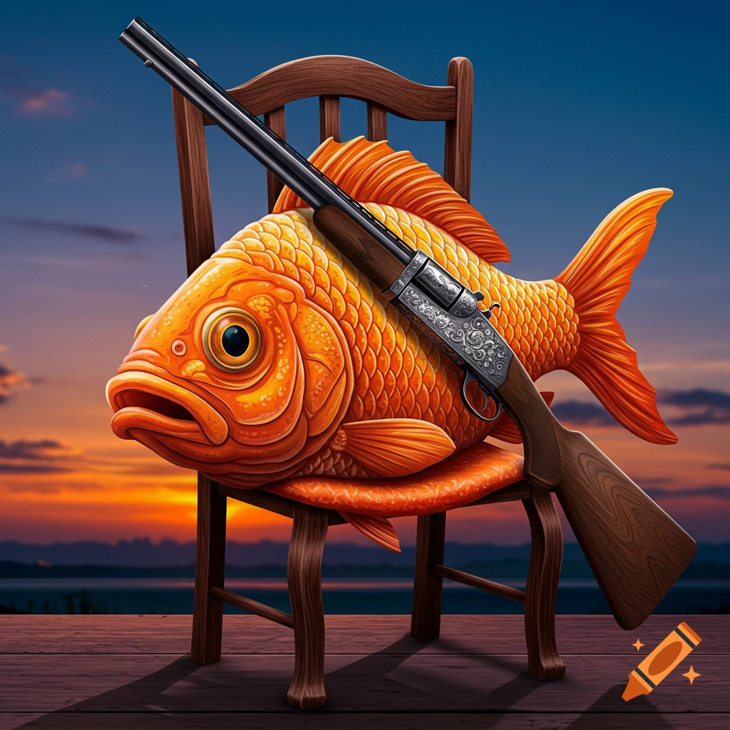 A large orange goldfish sits on a wooden chair with a shotgun leaning ...