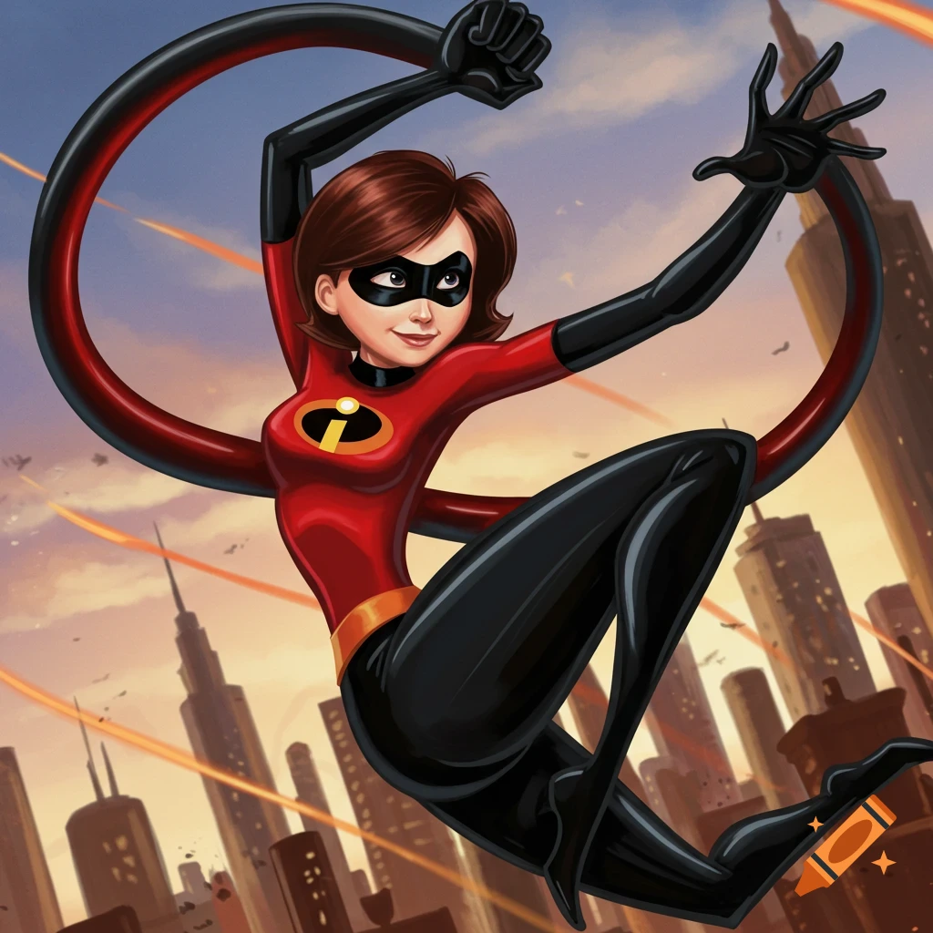 Elastigirl from The Incredibles flying over a city. on Craiyon
