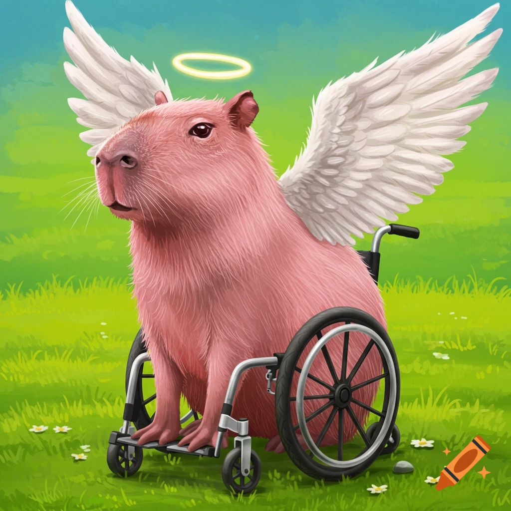 Pink capybara with angel wings in a wheelchair on Craiyon