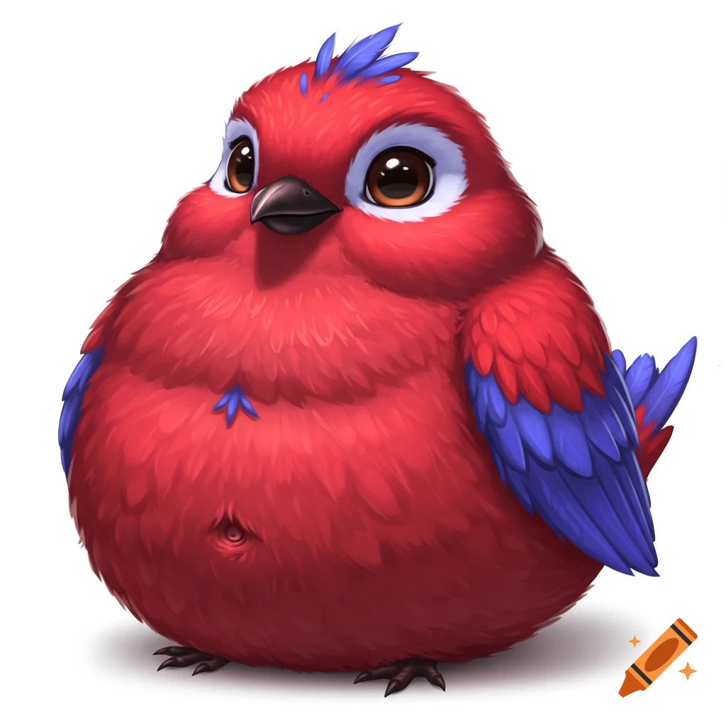 Fat red and blue cartoon bird with a tiny belly button on Craiyon