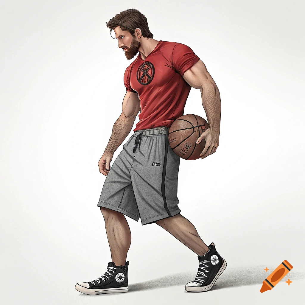 Logan with 8 pack abs, red t-shirt, gray basketball shorts, black ...