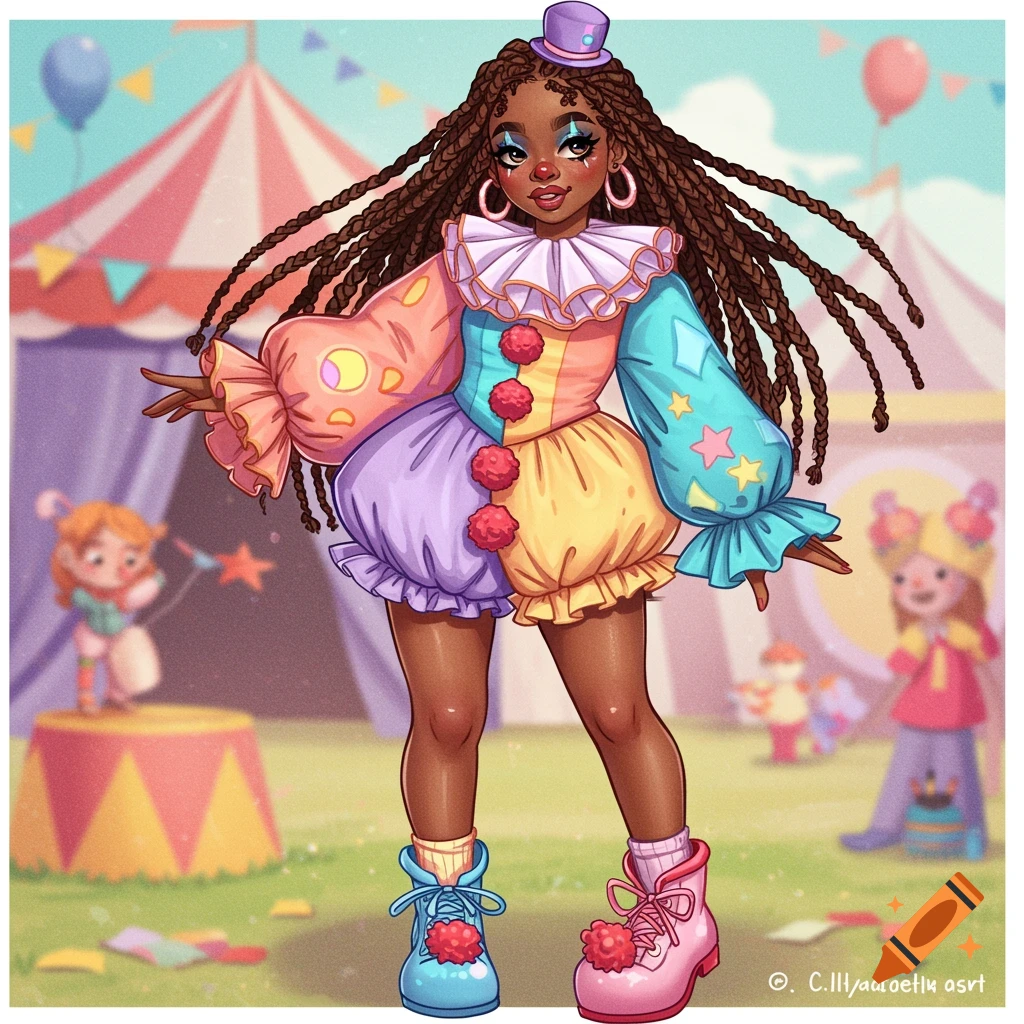 Illustration of a girl in a colorful clown outfit standing at a circus ...
