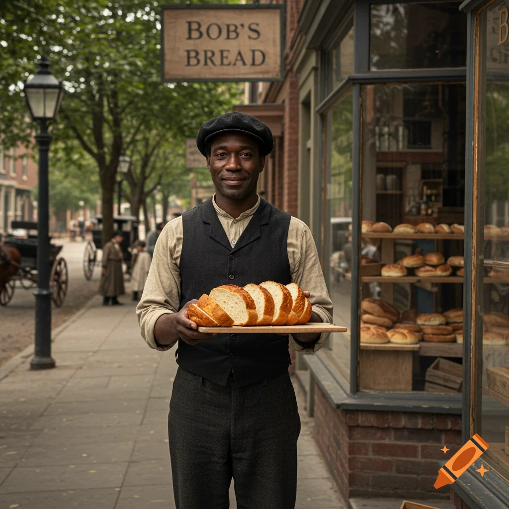 Black man named Bob outside his bakery holding sliced bread, 1850 on ...
