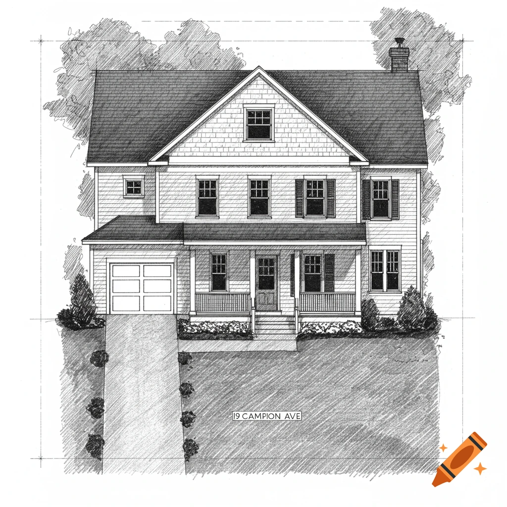 Black and white drawing of 19 Campion Ave in Tiverton RI on Craiyon