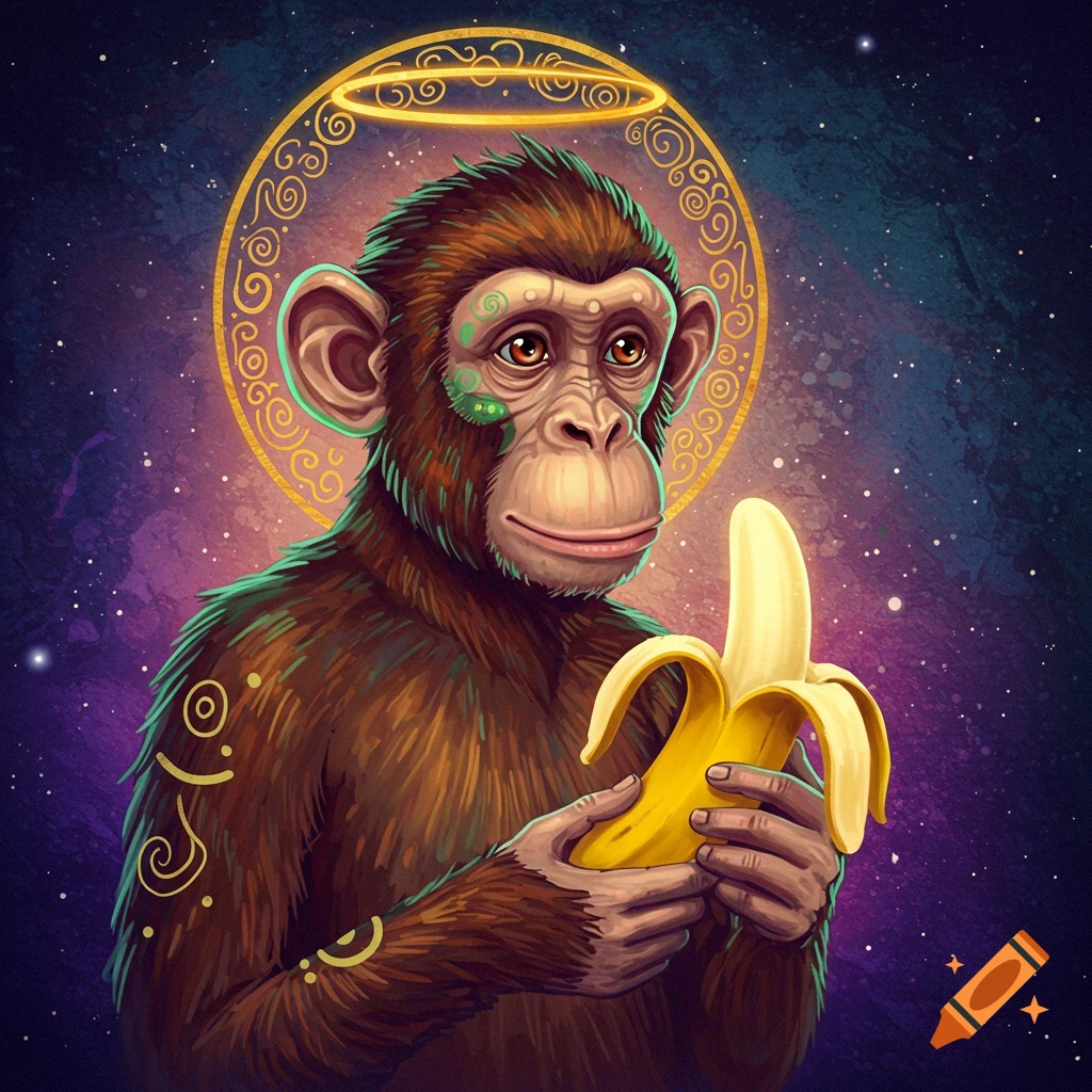 A happy, starry monkey dancing on the moon with a colorful cosmic ...