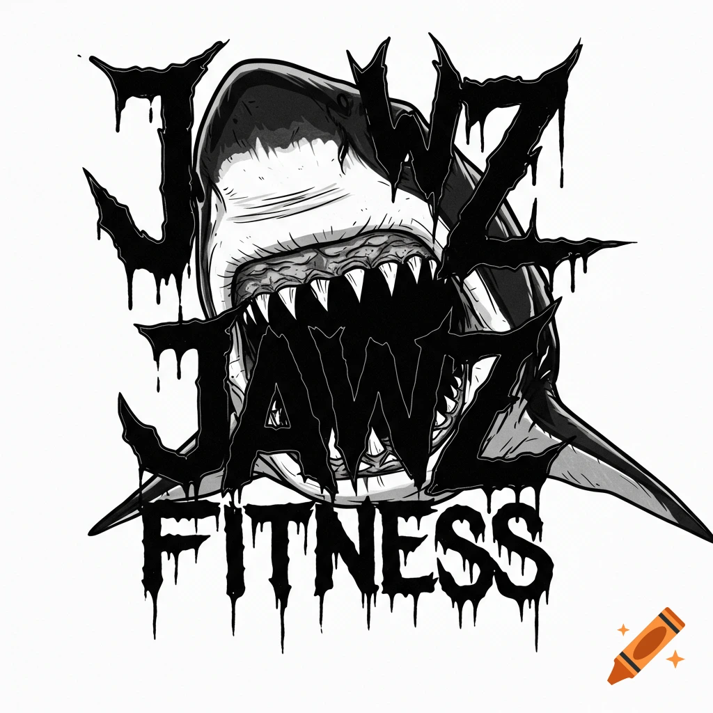 JAWZ FITNESS logo in death metal font with angry shark on Craiyon