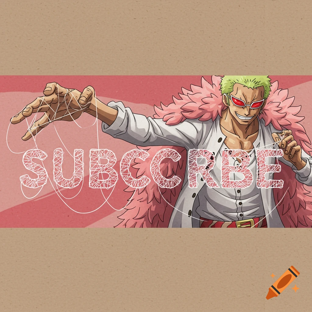 Doflamingo YouTube banner with "SUBSCRIBE" in white strings on Craiyon