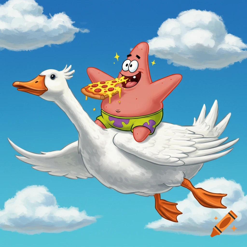 Patrick Star eating pizza while riding a goose in the sky on Craiyon