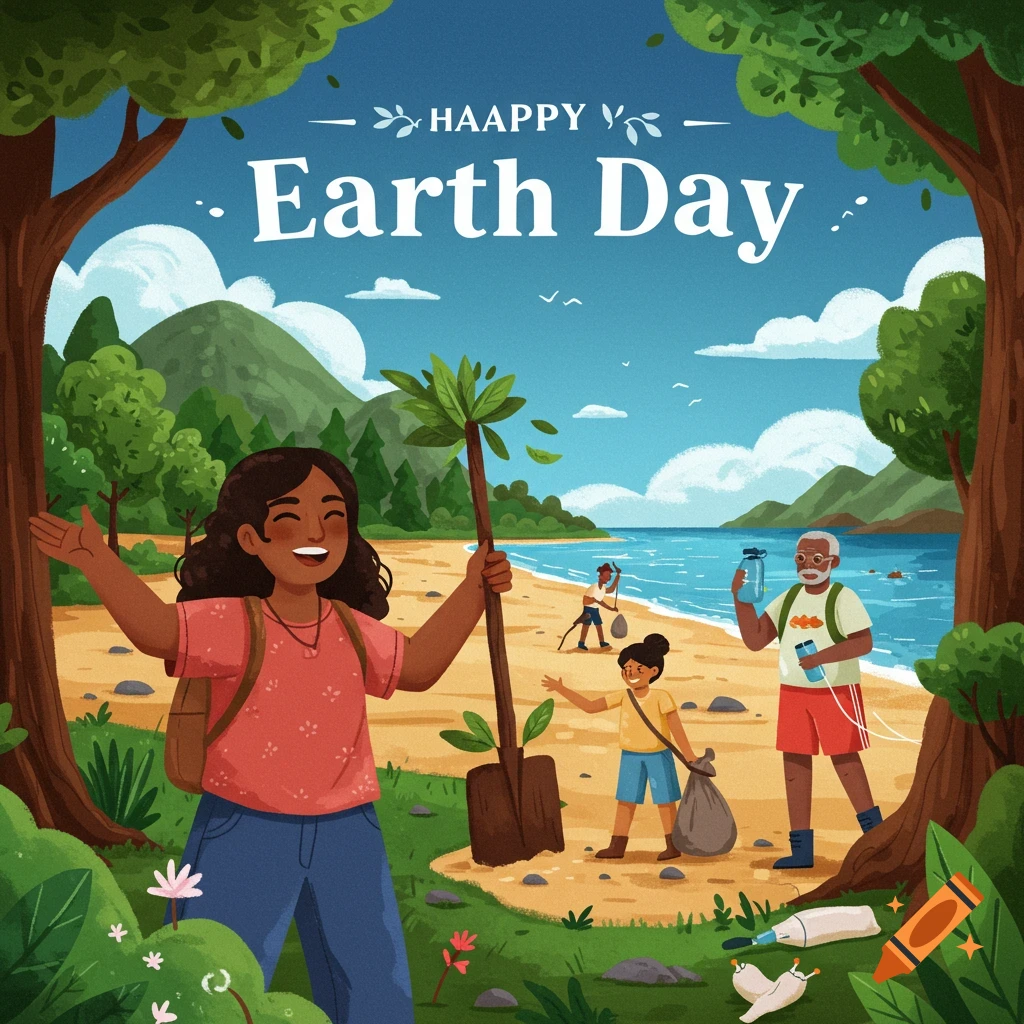 Digital painting of diverse people planting a tree and cleaning a beach ...