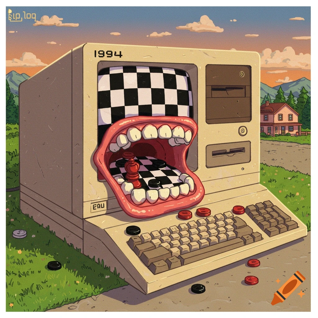 Illustration of a vintage computer with a large mouth on its screen ...