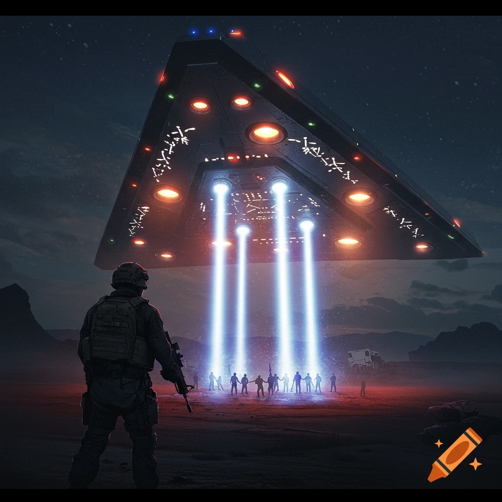 A soldier watches a triangle UFO lift people with beams of light in a ...