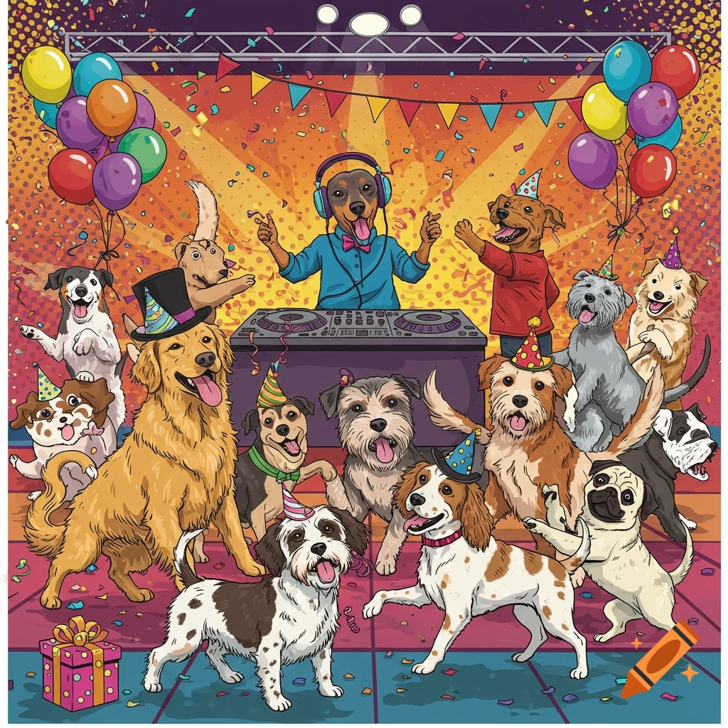 Dogs dancing at a party on Craiyon