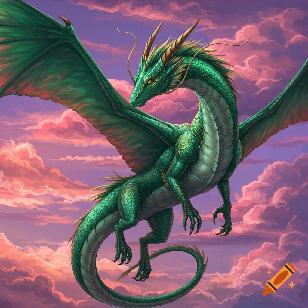 A green dragon flies through a fiery sunset sky. on Craiyon