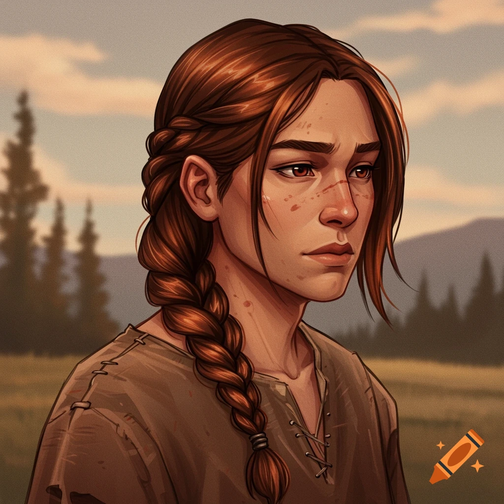 A 16 year old Metis boy with long hair in a braid, wearing worn clothes ...