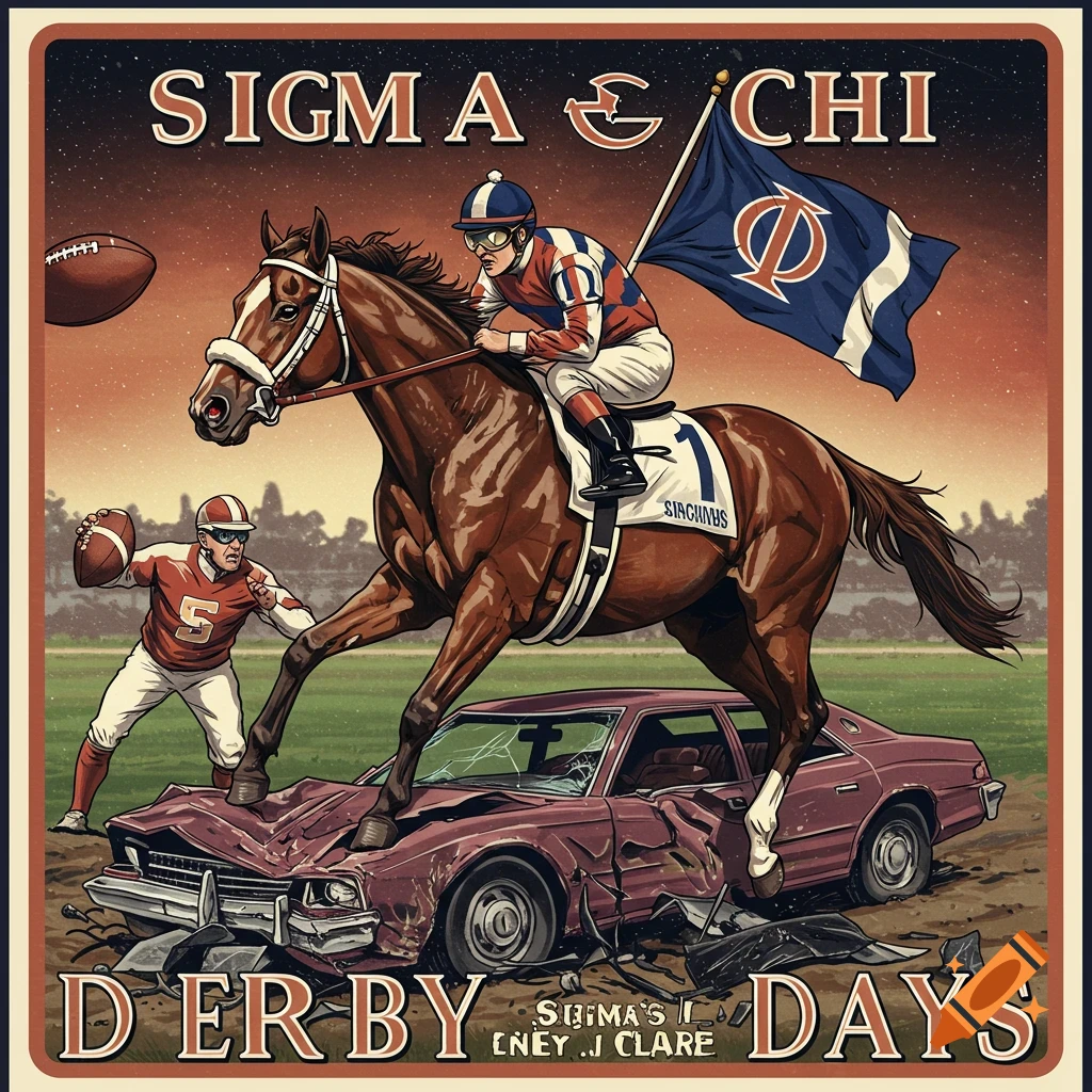 Sigma Chi Derby Days poster with horse, crushed car, jockey, and ...