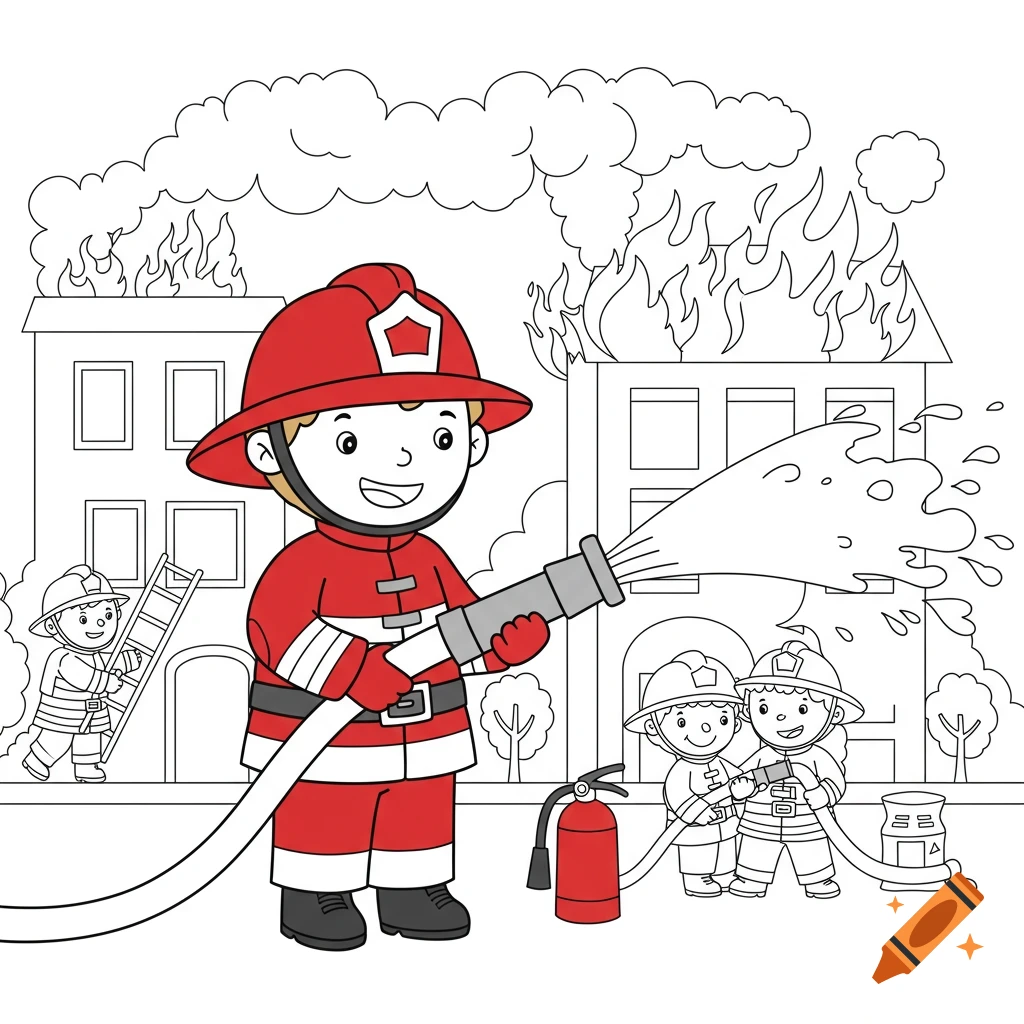 Coloring page illustration of firefighters putting out a building fire ...