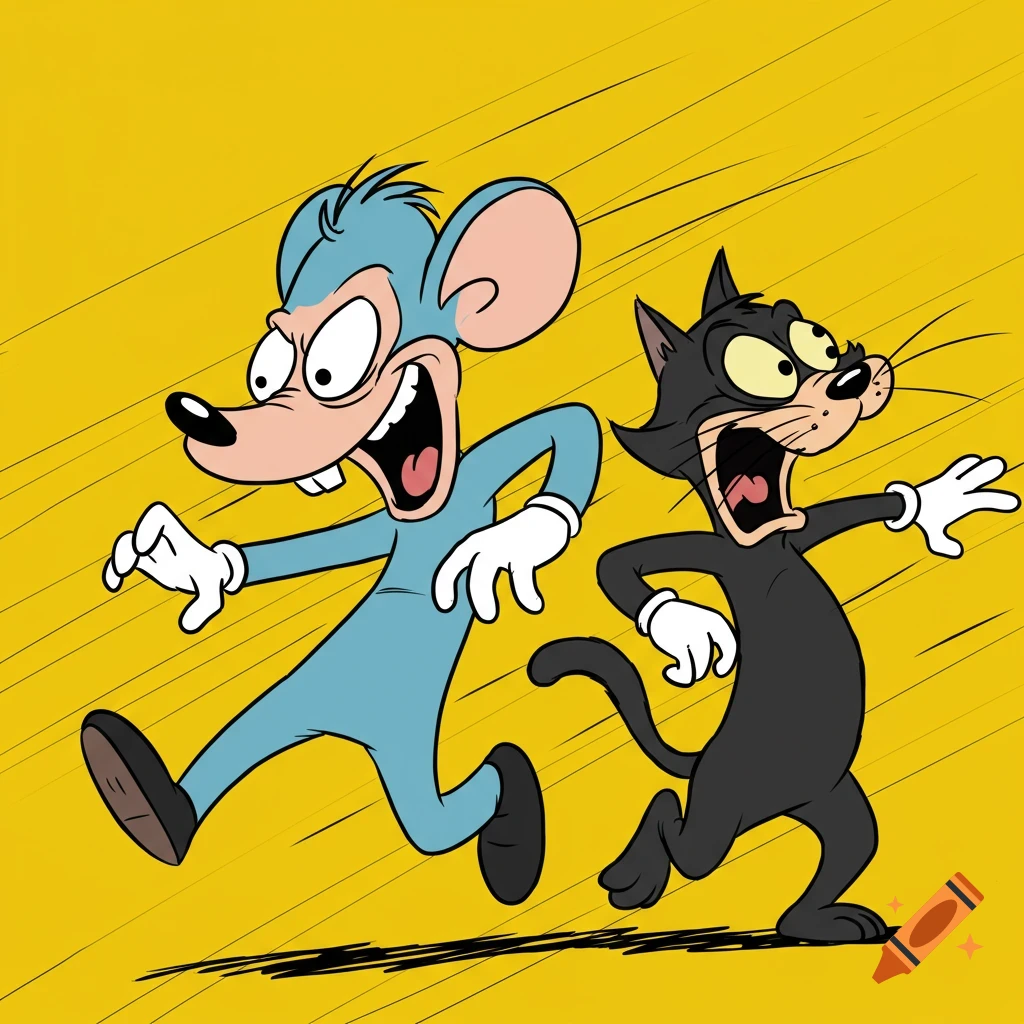 Retro cartoon of a blue mouse and a black cat running frantically on ...
