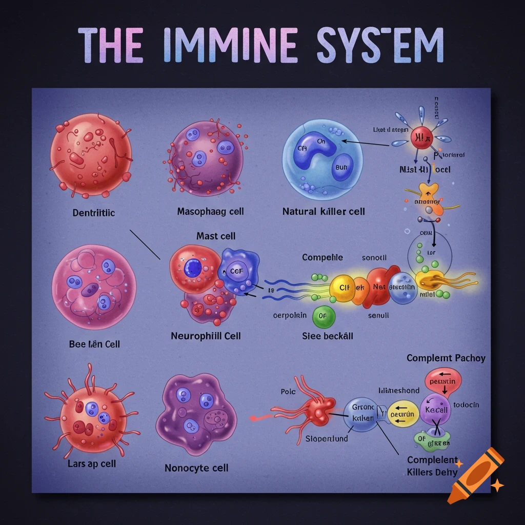 Poster of immune system cells and complement pathway diagram on Craiyon
