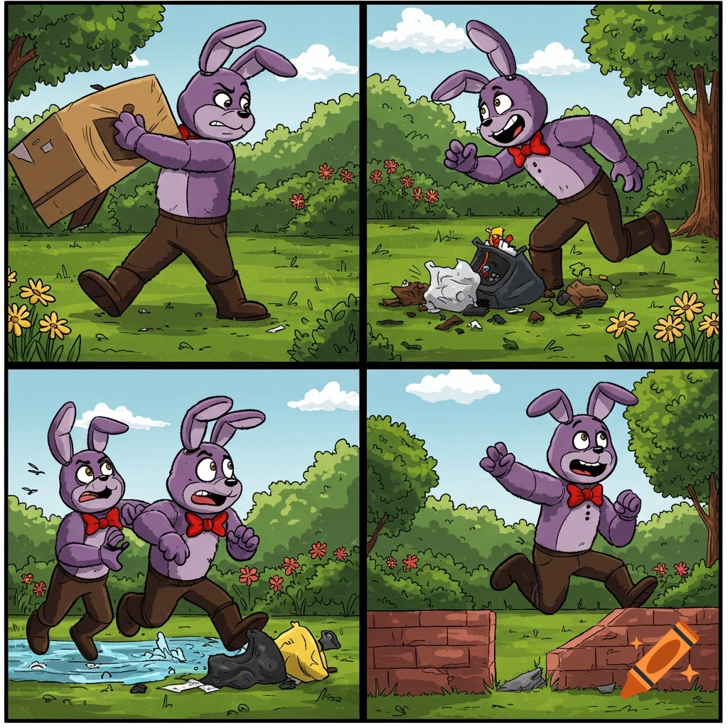 Comic strip of Bonnie pushing, throwing trash, spitting water, and ...