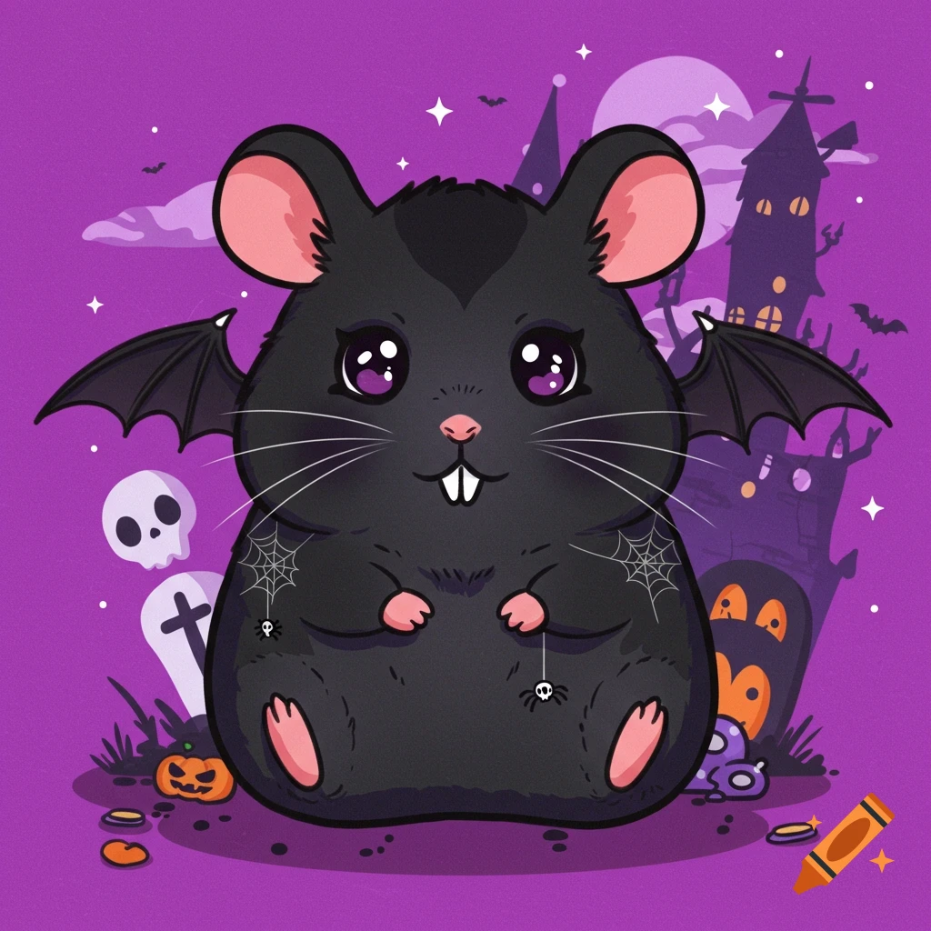 Chibi goth hamster with bat wings and fangs, cartoony style, wearing clothes on Craiyon