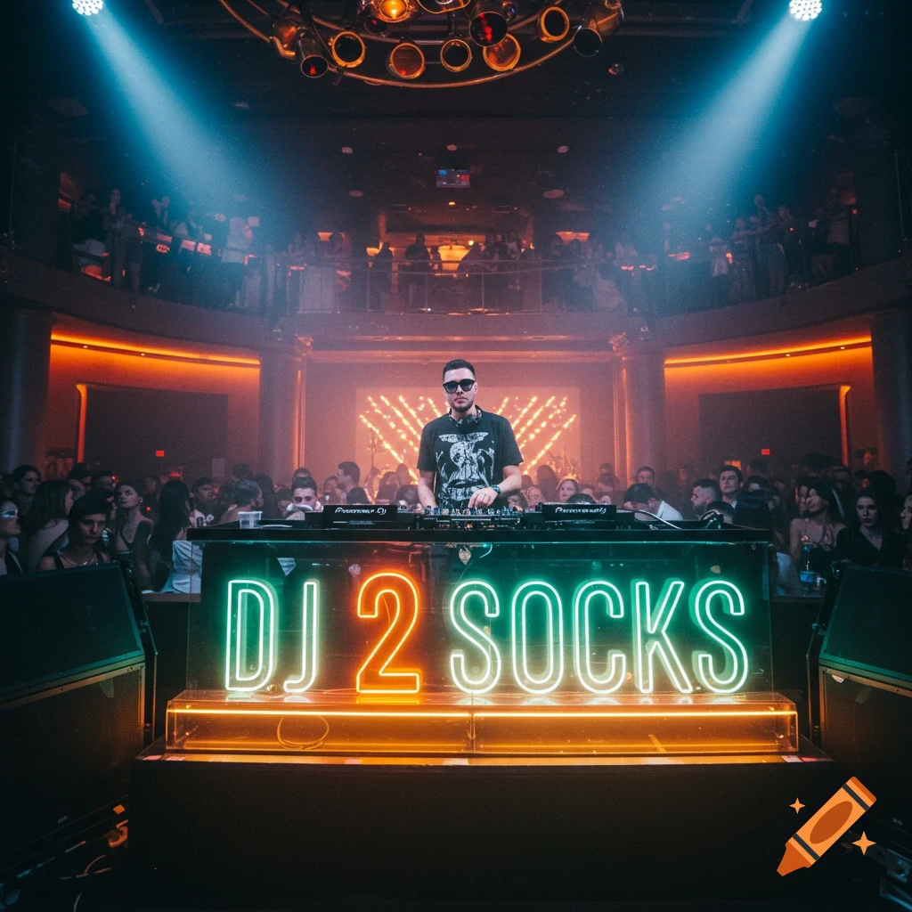 DJ performing in a club with a sign "DJ 2 Socks." on Craiyon