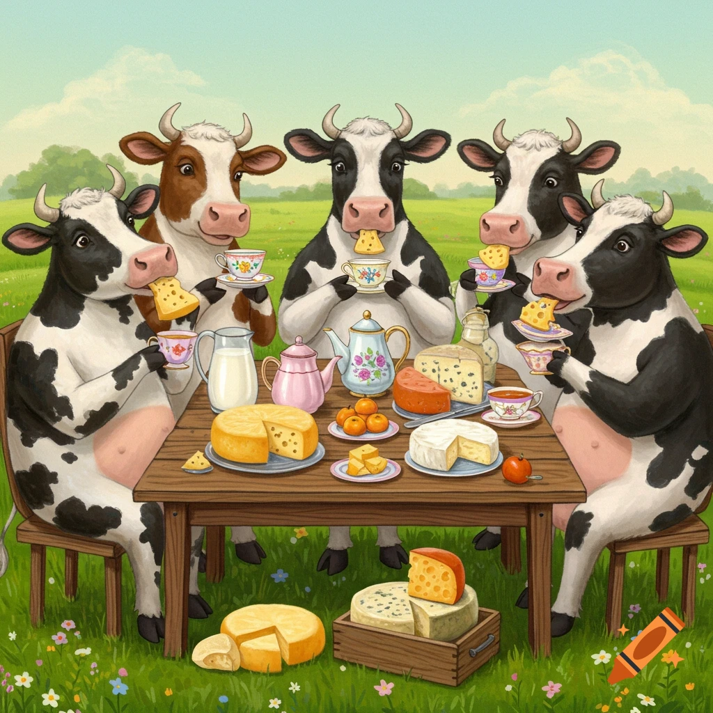 Cows drinking tea and eating cheese on Craiyon