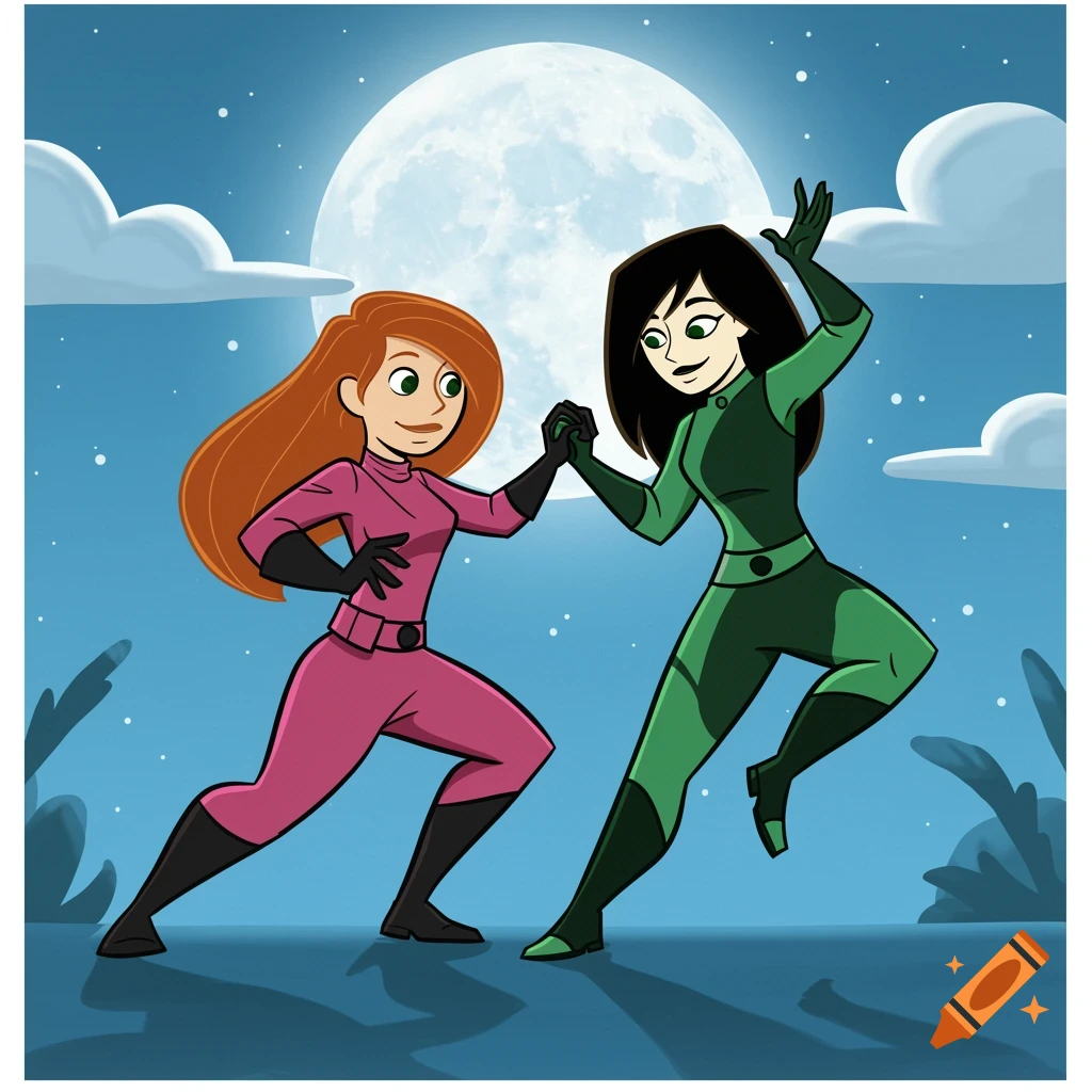 Cartoon image of Kim Possible and Shego holding hands and dancing under ...