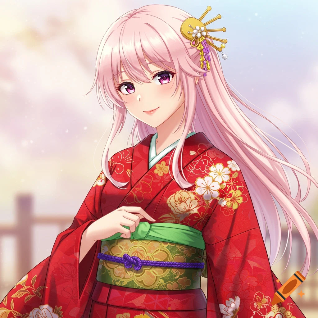 Light-skinned anime girl with pink hair in red kimono on Craiyon